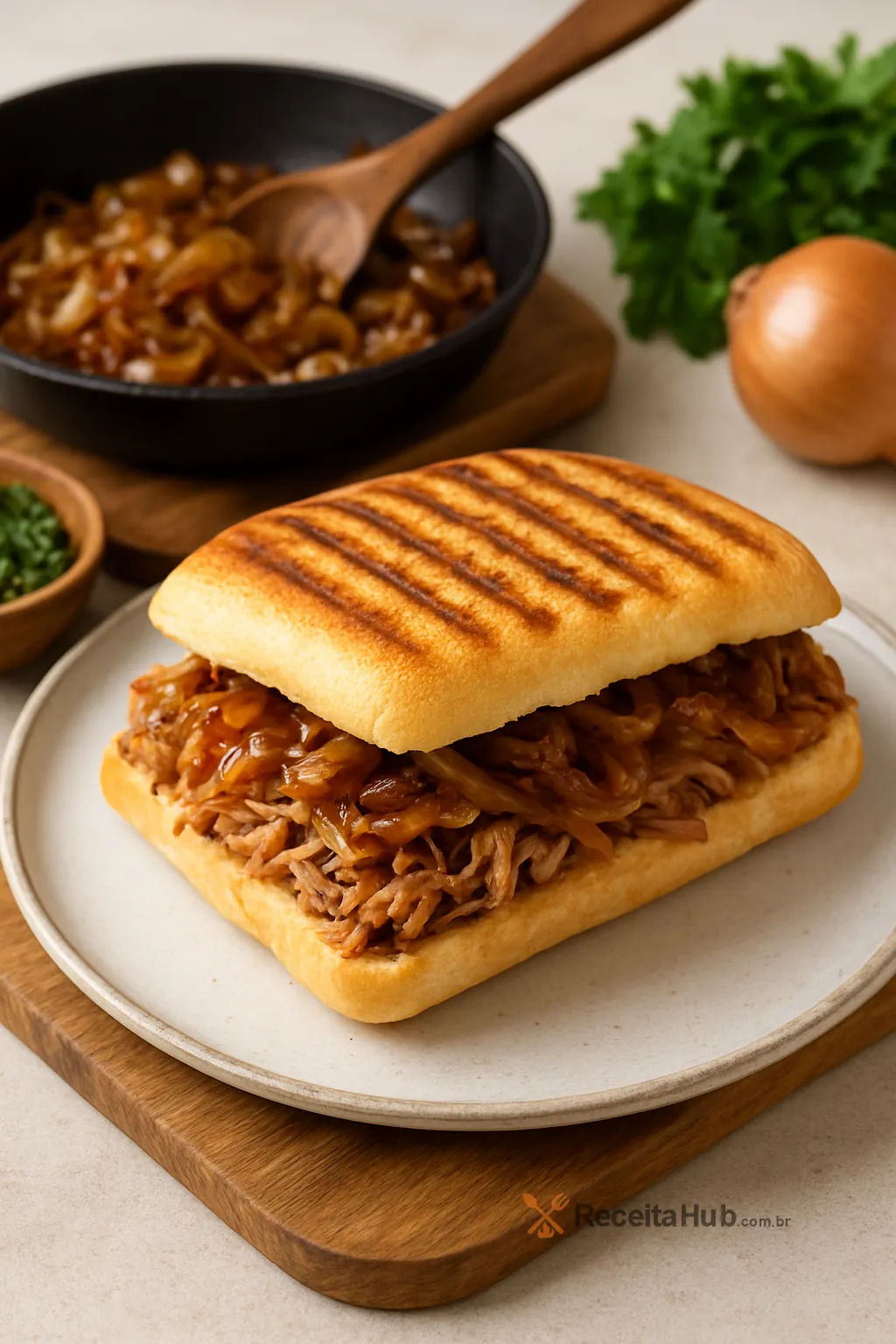 Panini de pernil desfiado com cebola caramelizada | ReceitaHub